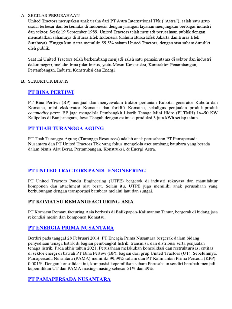 Profil Perusahaan United Tractors Indonesia | PDF