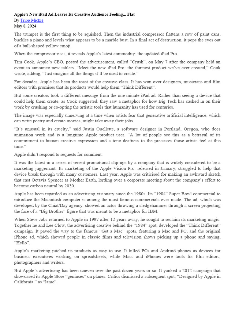 附件1 Apple's New iPad Ad Leaves Its Creative Audience Feeling … Flat | PDF | Apple Inc. | Computing