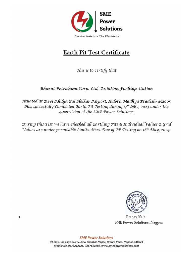 Earth Pit Test Certification | PDF