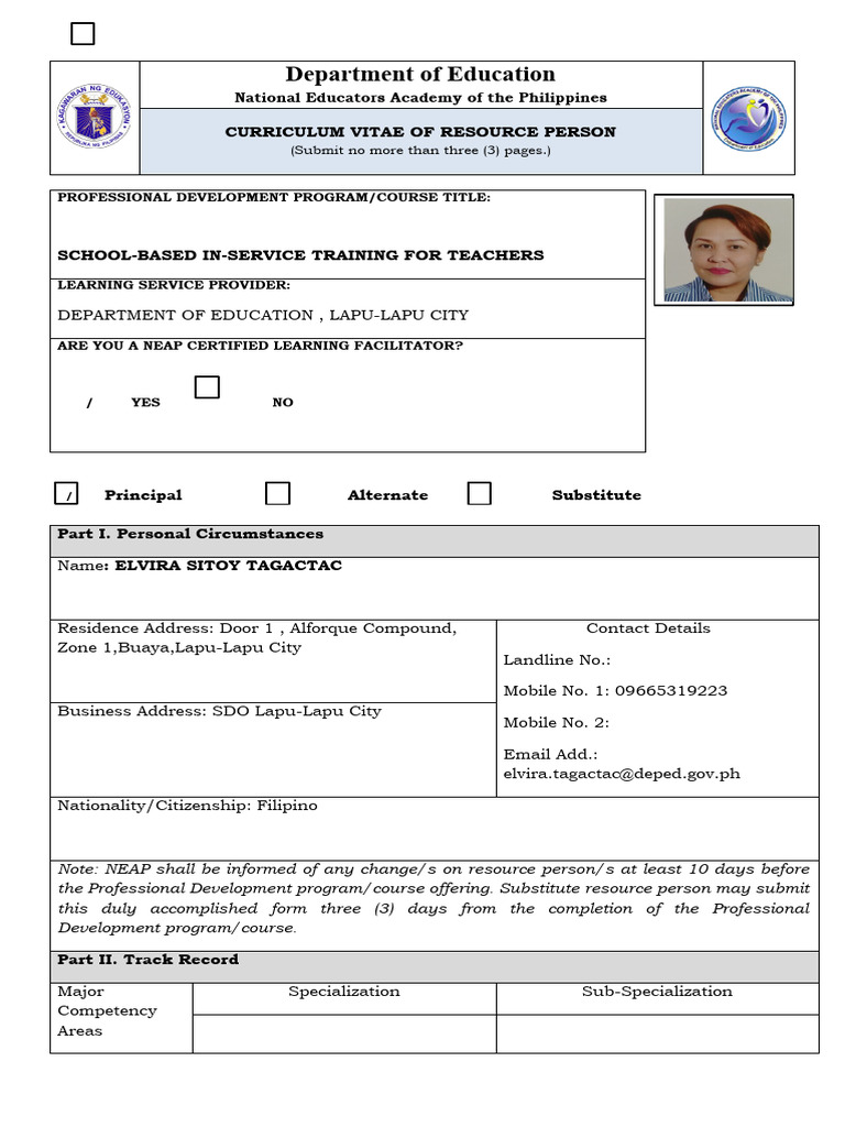 NEAP CV For Resource Speakers ELVIRA | PDF | Behavior Modification | Learning