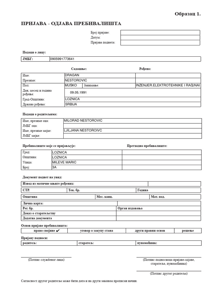 Obrazac 1 - Prijava - Odjava Prebivalista | PDF