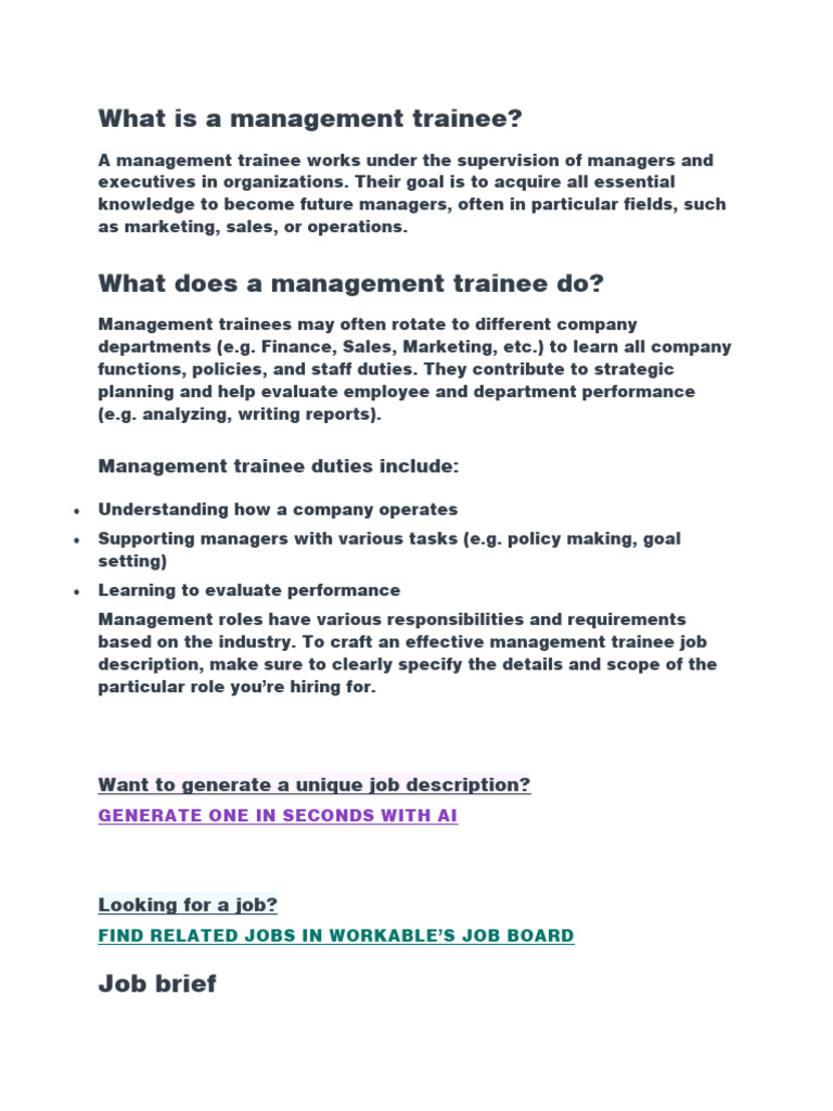 Management Trainee Job Overview and Duties | PDF | Marketing | Sales