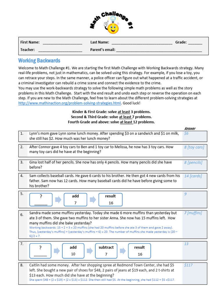 MC 1 2018-2019 Working Backward With Solution Correction 1 | PDF | Mathematics
