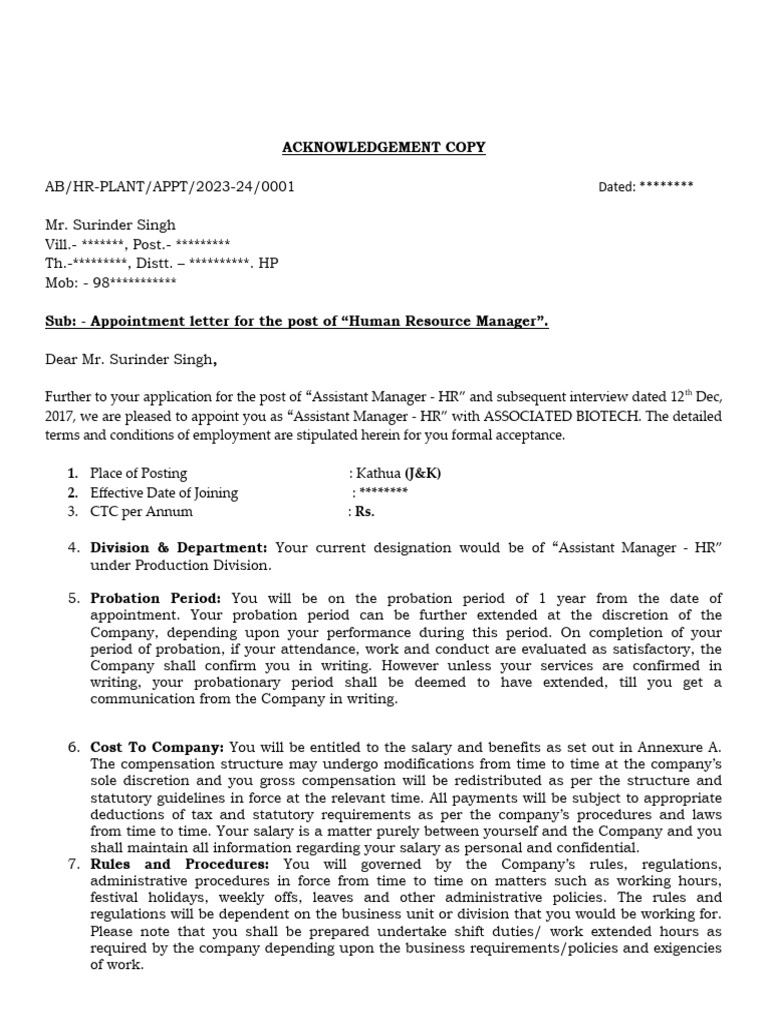 Appointment Letter - 113-ABC | PDF | Confidentiality | Indemnity