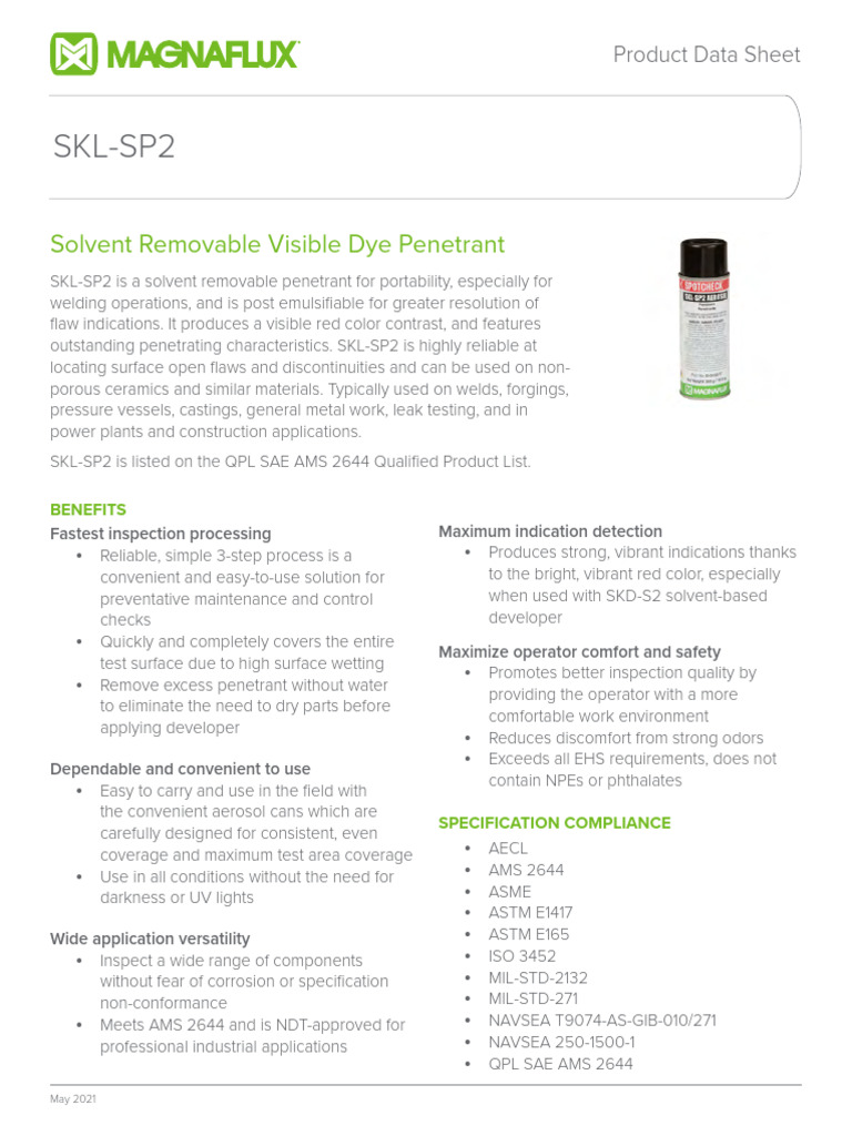 Magnaflux SKL SP2 Removable Visible Dye Penetrant | PDF | Welding ...