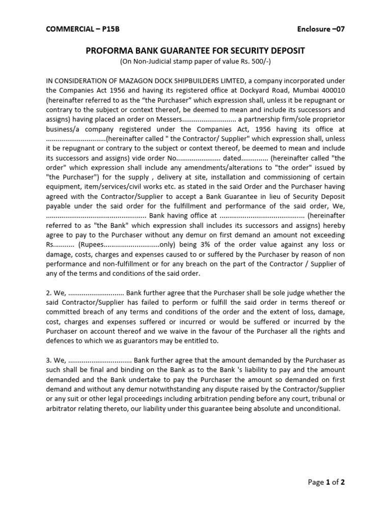 Bank Guarantee for Security Deposit | PDF | Guarantee | Civil Law ...