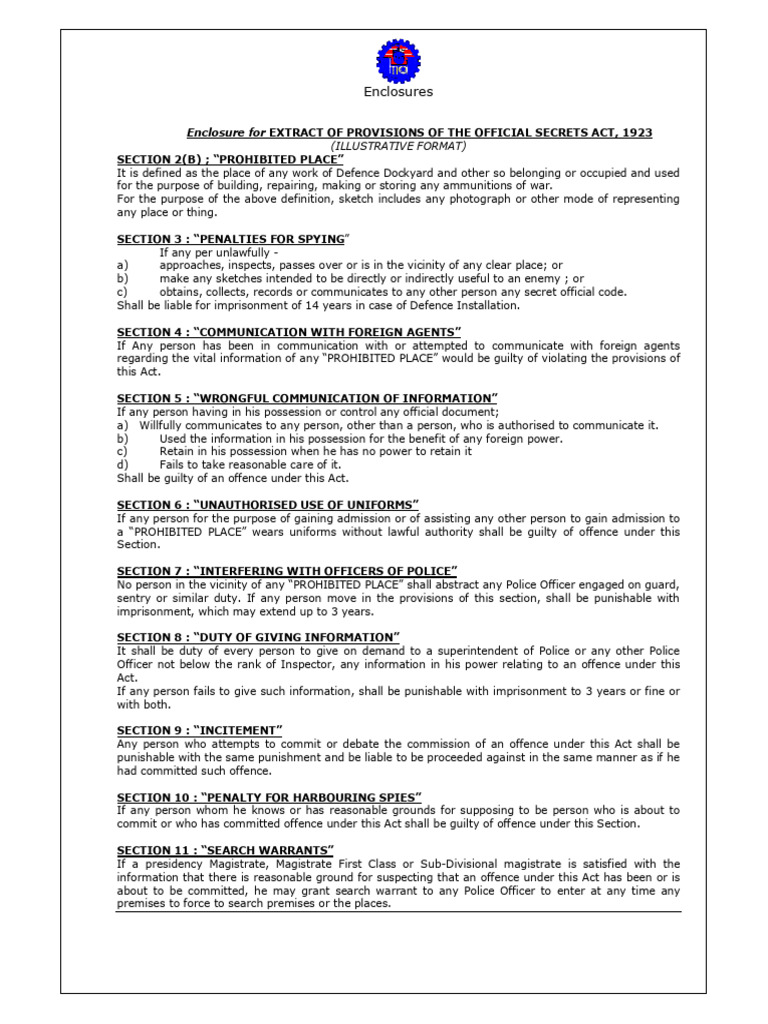 09 Enclosure 09 - Official Secret Act | PDF | Public Law | Crimes
