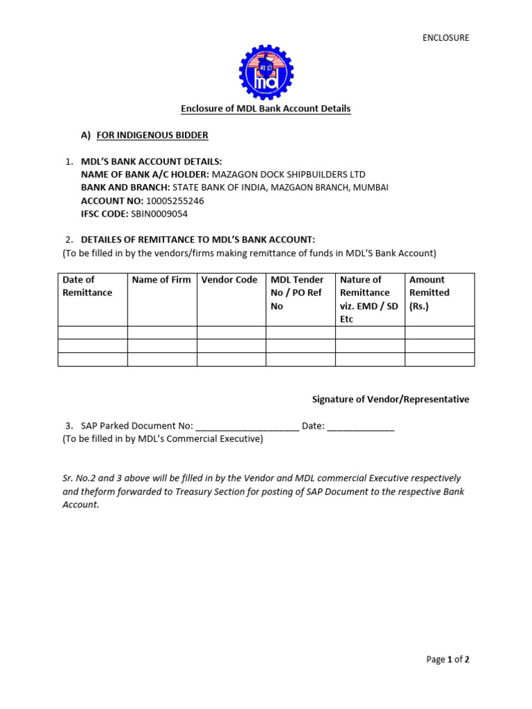 MDL Bank Account Details for Bidders | PDF | Banking | Economies