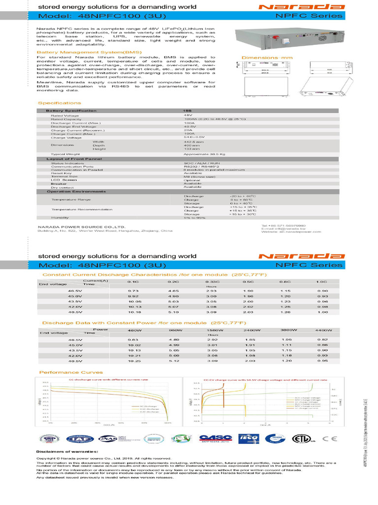 Narada Lithium Battery 48V 100ah Datasheet | PDF