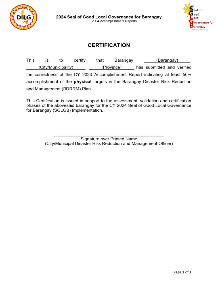 2.1.4.1 Certification-BDRRM Physical | PDF | Finance & Money Management