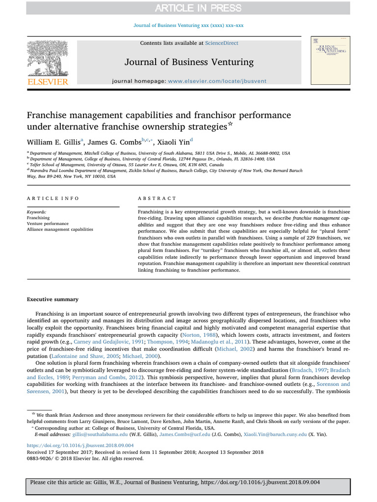 Franchise Management Capabilities and Franchisor Performance - Key | Download Free PDF ...