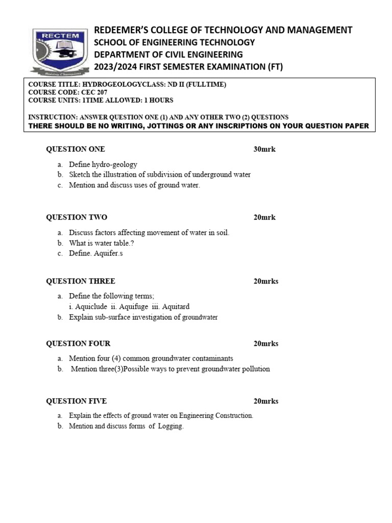 Cec 207 Hydrogeology.... | PDF