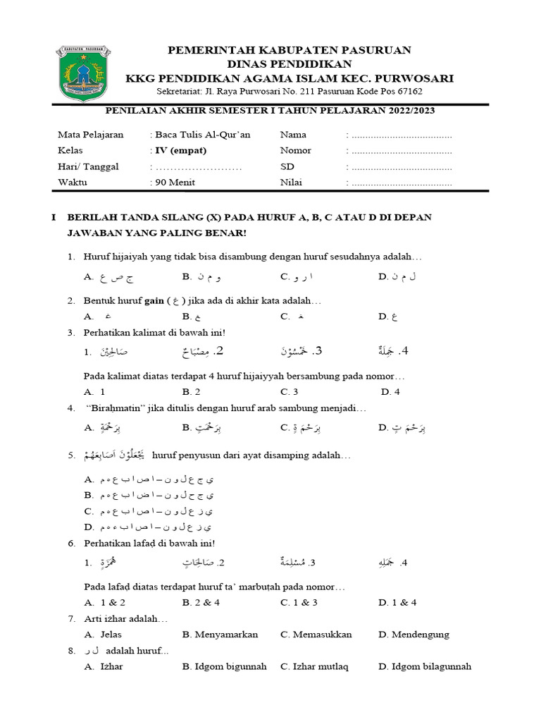 Soal BTQ Kelas 4 FIX | PDF