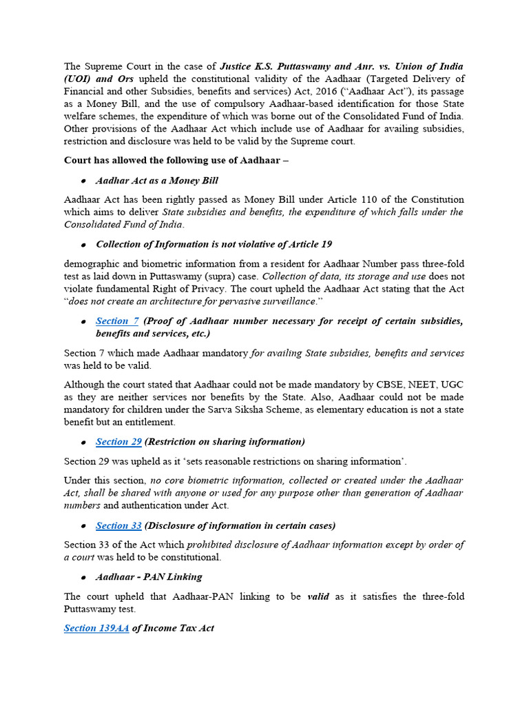 Justice K.S. Puttaswamy and Anr. Vs UoI - Aadhaar Judgement (List of Uses Allowed) | PDF ...