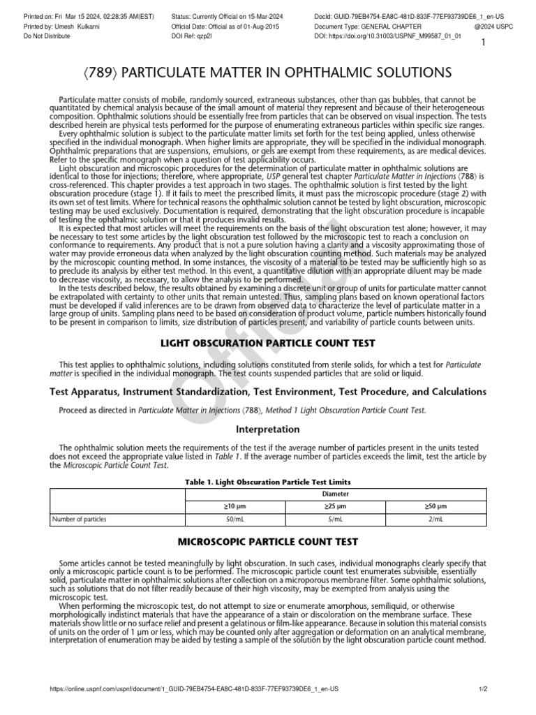 789 USP Ophthalmic Preparations Particulate Matter | PDF | Viscosity ...
