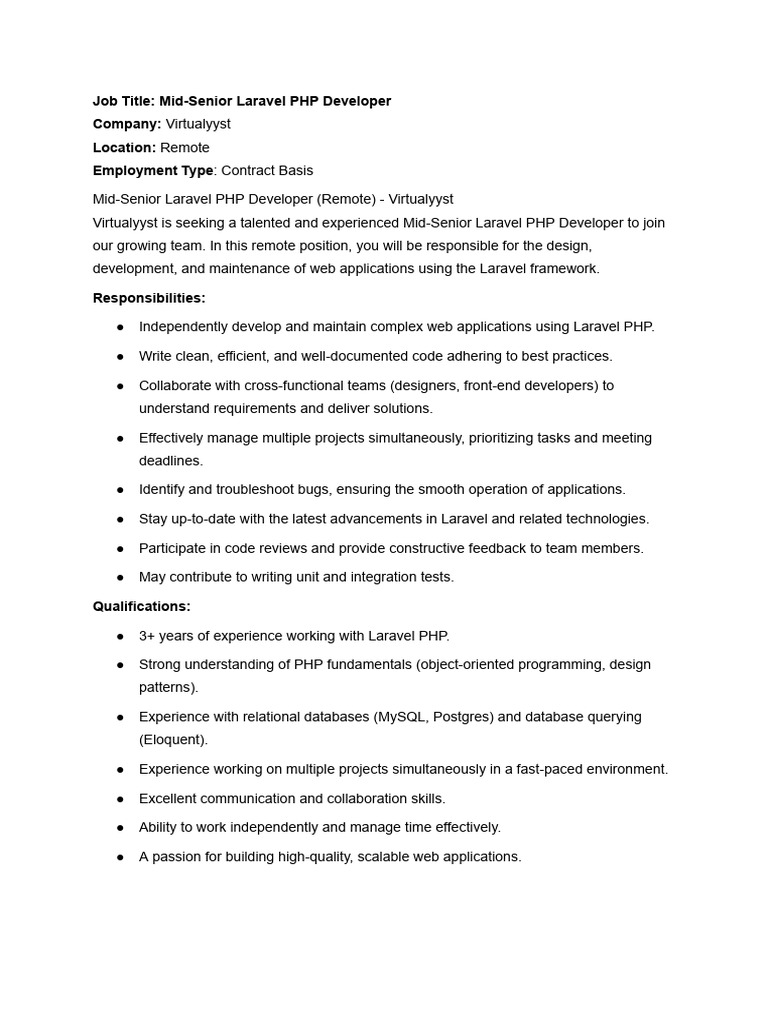 Remote Mid-Senior Laravel PHP Developer Job | PDF | Computers