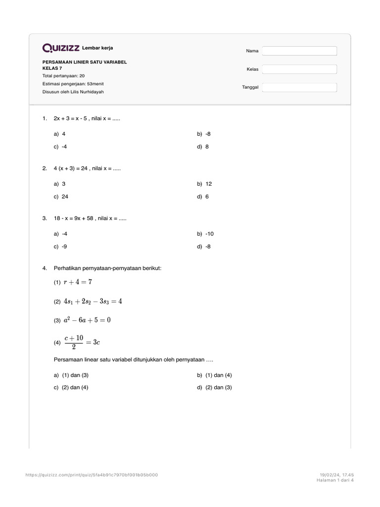 Persamaan Linier Satu Variabel Kelas 7 Quizizz | PDF