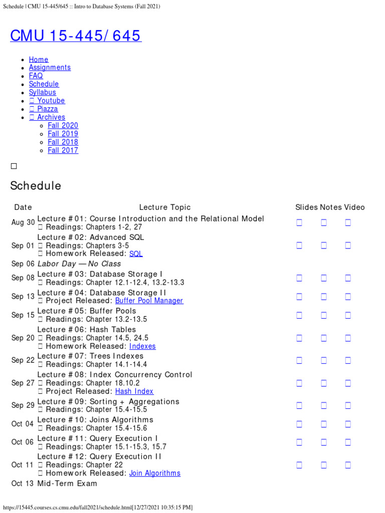 00-Schedule - CMU 15-445 - 645 - Intro To Database Systems (Fall 2021) | Download Free PDF ...