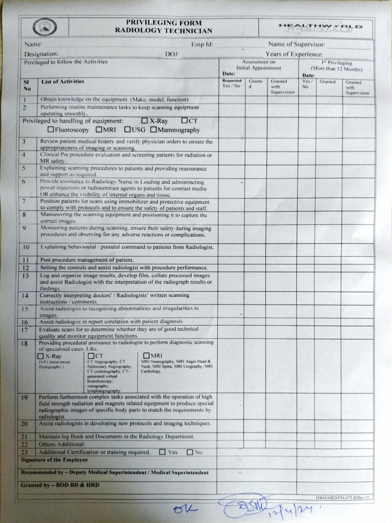 Privileging Form - Radiology Technician (1) | PDF