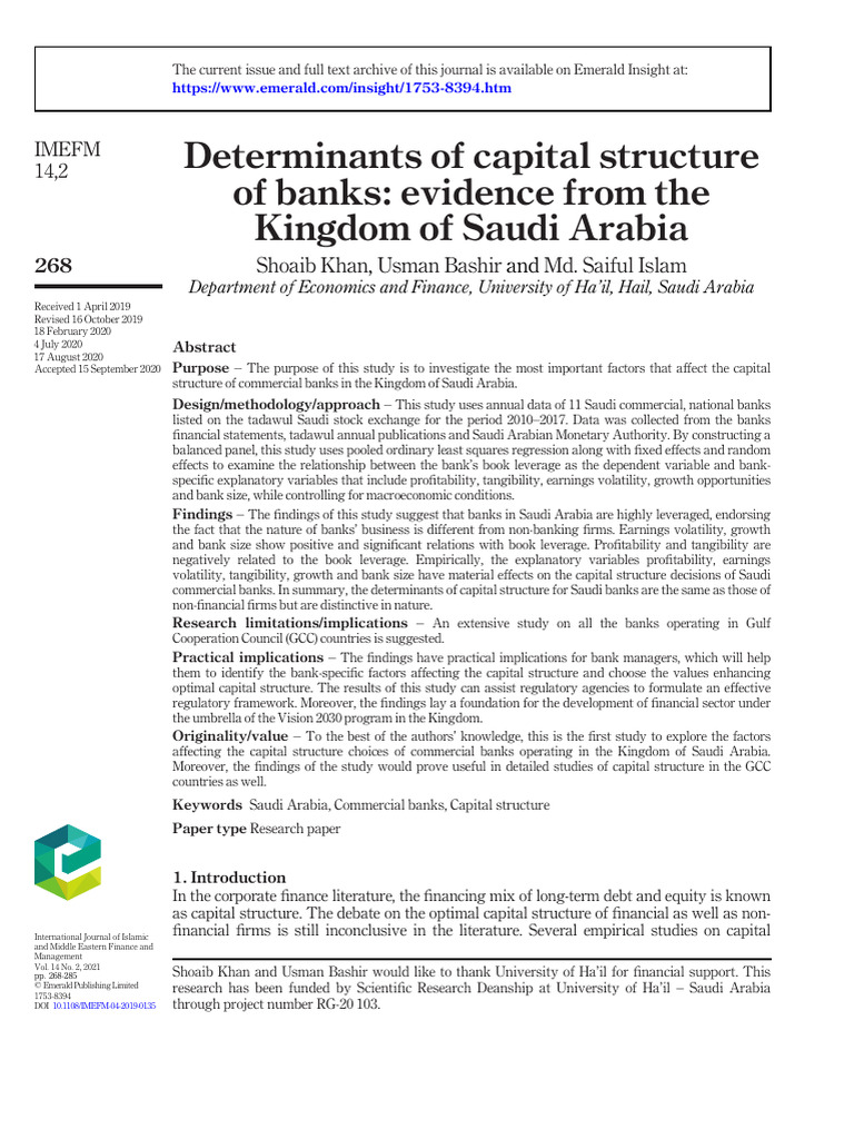 Determinants of Capital Structure of Banks: Evidence From The Kingdom of Saudi Arabia | PDF ...