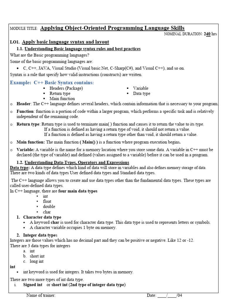 UC5-Apply Object-Oriented Programming Languages | Download Free PDF | Data Type | Integer ...