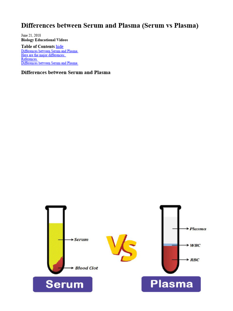 Differences Between Serum and Plasma | PDF | Blood Plasma | Blood