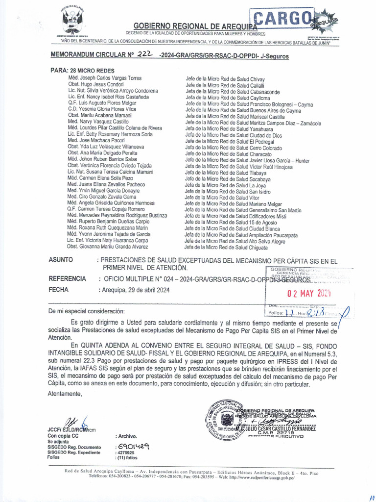 MEMORANDUM CIRC 222. PRESTACIONES DE SALUD EXCEPTUADAS DE MECANISMO ...