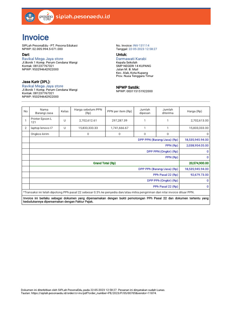 Invoice Pembelian Laptop dan Printer | PDF