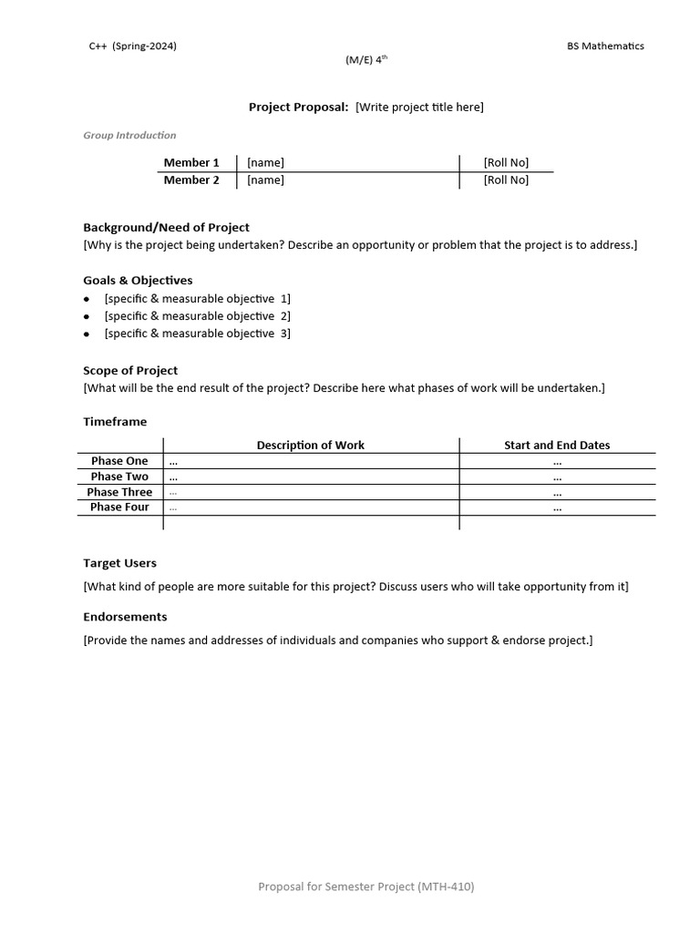 Project Proposal Template (MTH-410) | PDF | Career & Growth | Computers