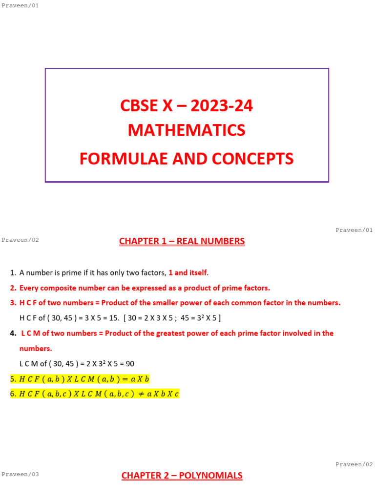 Maths Formulas Class 10 | PDF | Quadratic Equation | Factorization