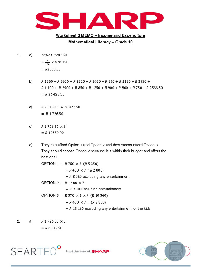 Worksheet 3 Memorandum Income and Expenditure Grade 10 Mathematical ...
