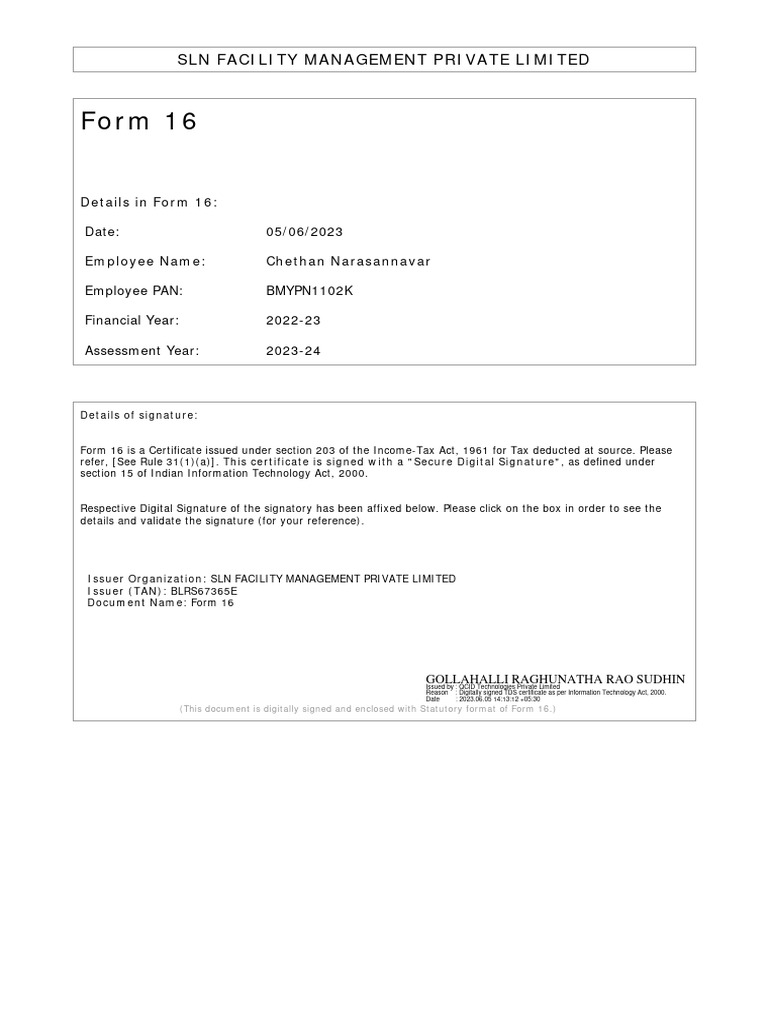 Form 16: SLN Facility Management Private Limited | PDF | Employee ...