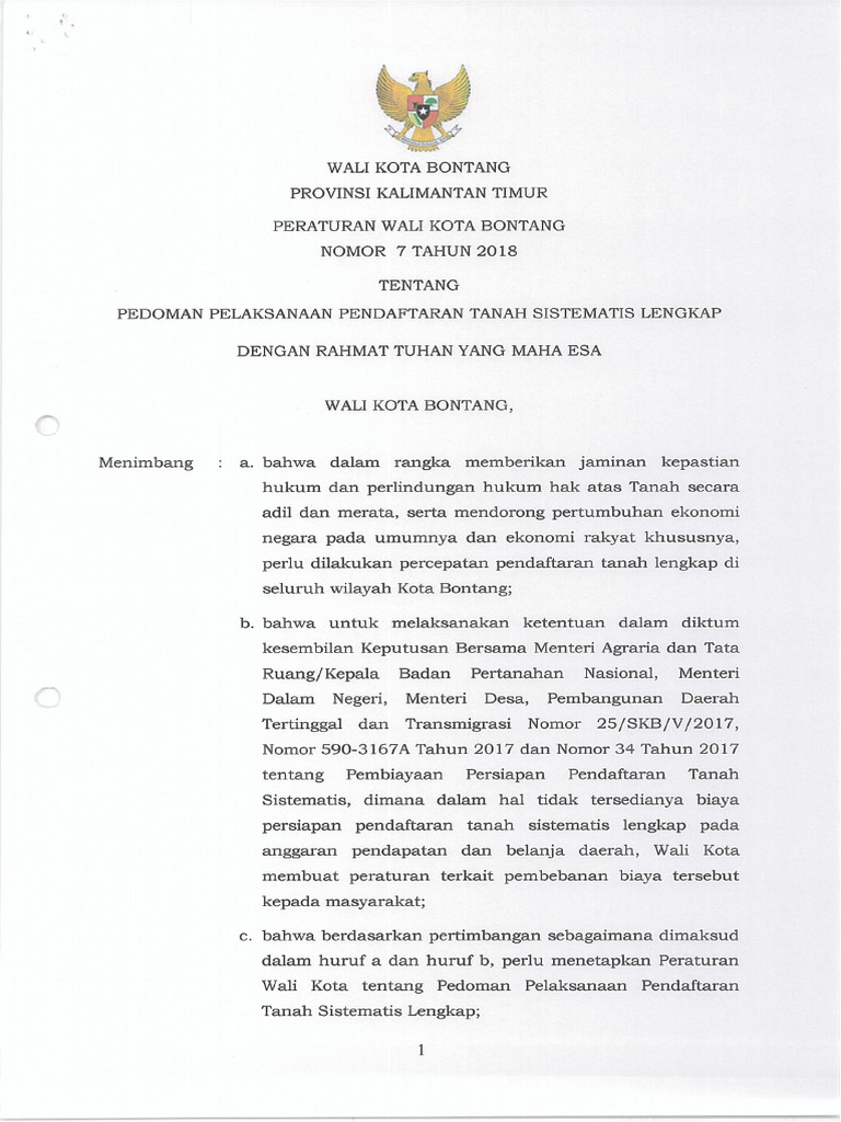 PERWALI Bontang 7-2018 Pedoman Pelaksanaan Pendaftaran Tanah Sistematis Lengkap | PDF