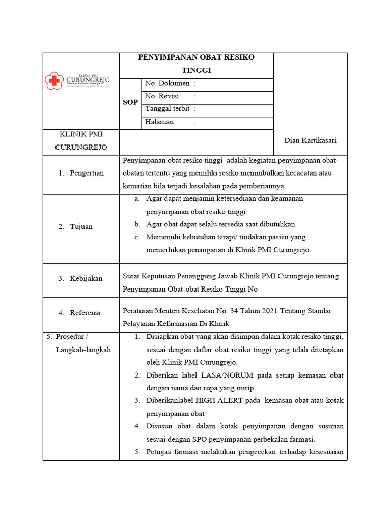 Sop Penyimpanan Obat Resiko Tinggi PMKP 2 Ep 3 | PDF | Pengembangan Diri | Kesehatan Holistik