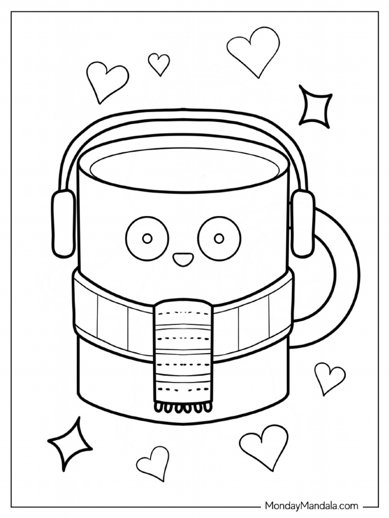 Cartoon Coffee Cup Wearing Scarf and Ear Muffs Coloring Page | PDF