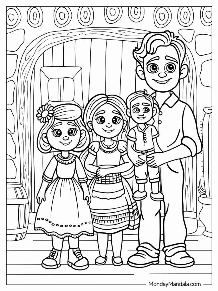 Cartoon Hispanic Family With Father and Three Kids Coloring Page | PDF