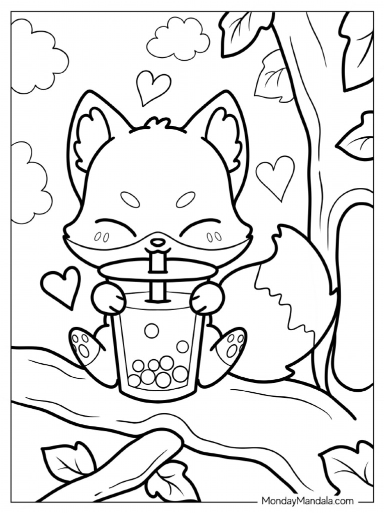 Chibi Fox Drinking Boba Tea Coloring Sheet | PDF