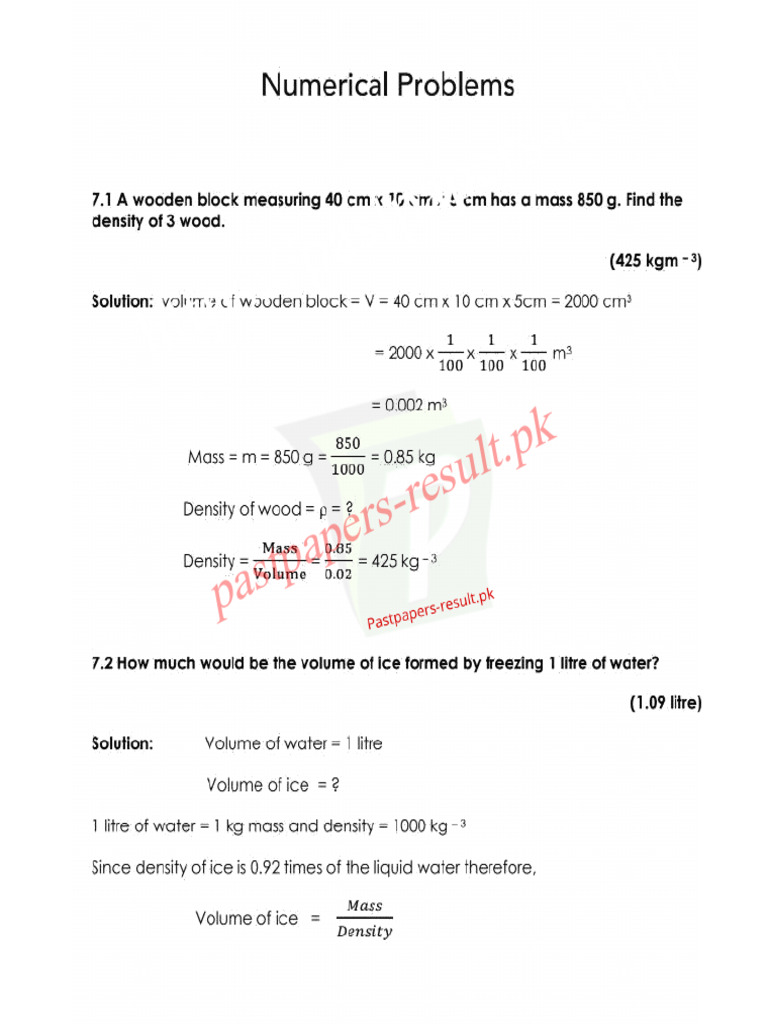 9th Phy Unit-7 Numericals | PDF