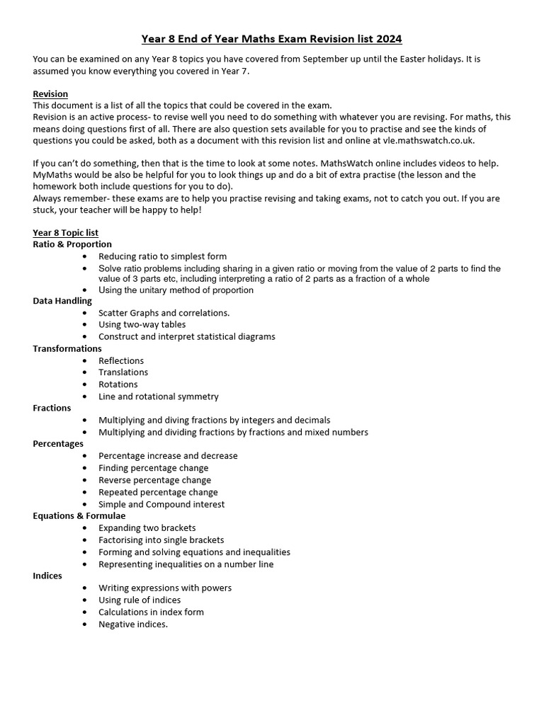 Year 8 End of Year Maths Exam Revision List 2025 | PDF | Ratio | Percentage