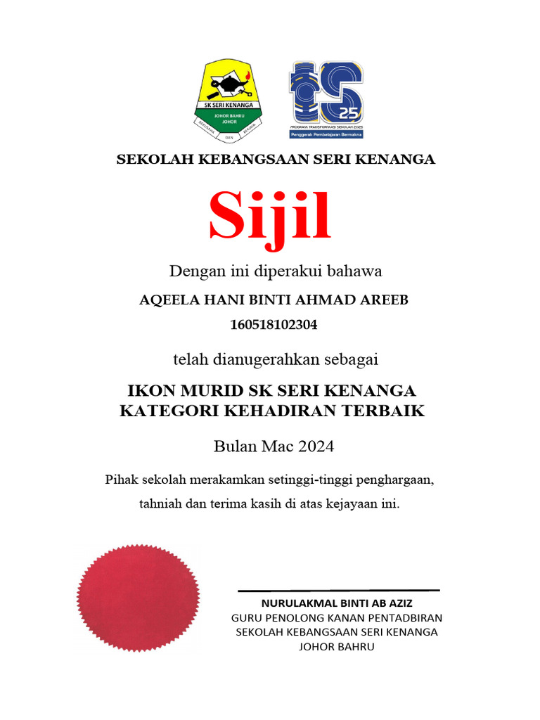 Sijil Anugerah Ikon Murid Kehadiran Terbaik Bulan Mac 2024 (Sesi Petang ...