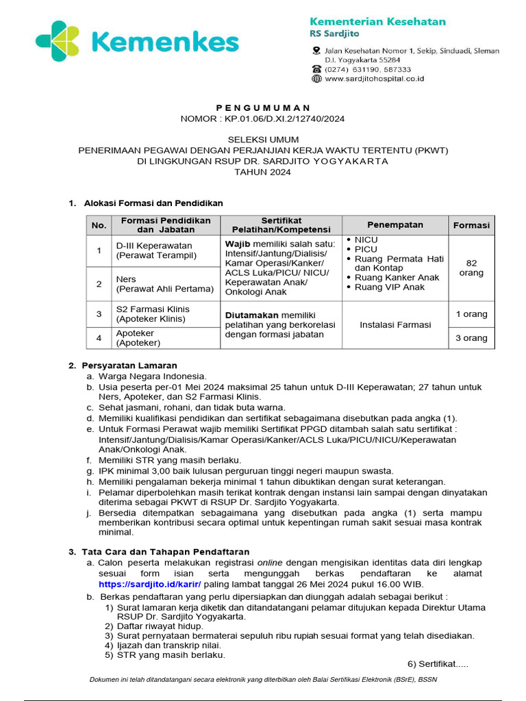 Pengumuman Seleksi Umum PKWT Periode Mei-Juni 2024 | PDF