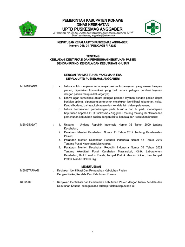 SK Fix Kebijakan Identifikasi Dan Pemenuhan Kebutuhan Pasien Dengan Risiko, Kendala Dan ...