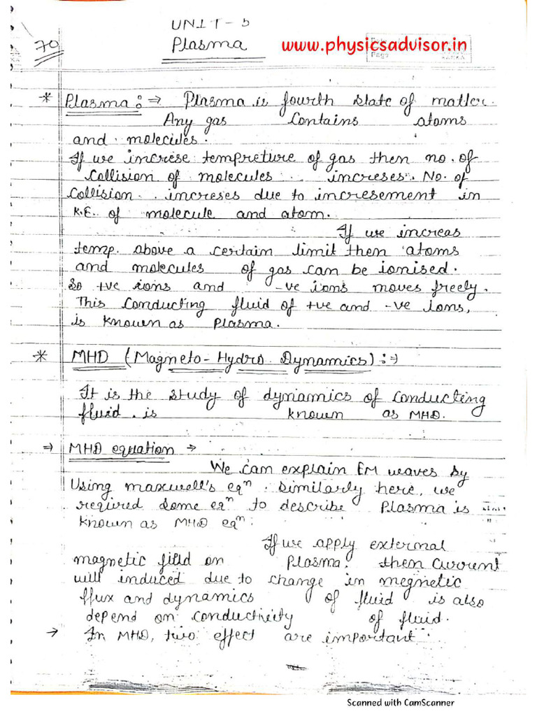 Plasma Physics MSC Physics Hand Written Notes-Compressed | PDF