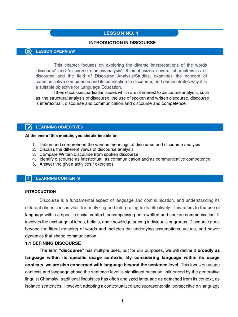 Module in ELS 111 - English Discourse | PDF | Discourse | Linguistics