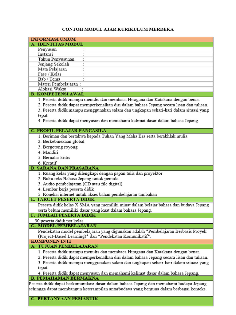 Contoh Format Modul Ajar Kurikulum Merdeka Anilia - Compress | PDF