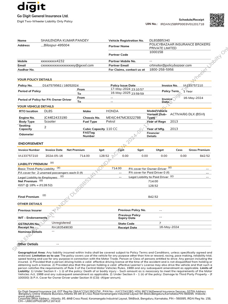 Digit Two-Wheeler Liability Policy Details | PDF | Insurance | Driver's ...