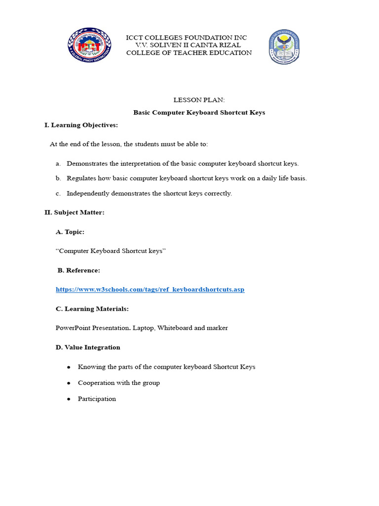 LESSON PLAN Shortcut Keys | PDF | Keyboard Shortcut | Control Key