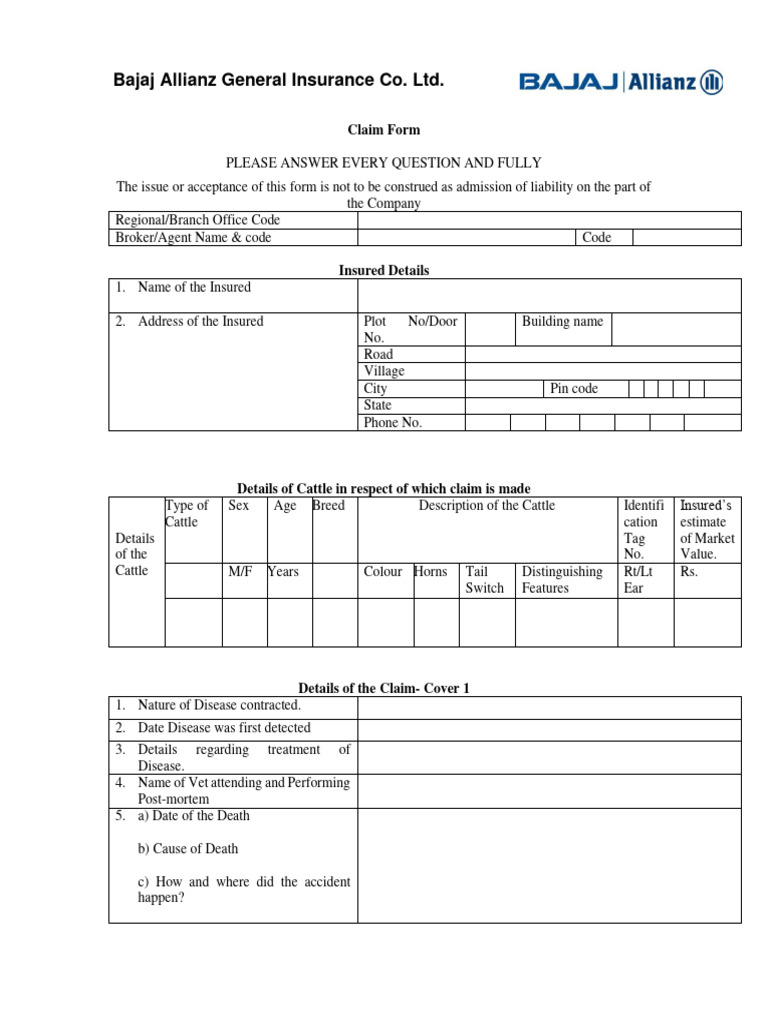 Claim Form For Cattle - Fina1 | PDF | Insurance | Business Law