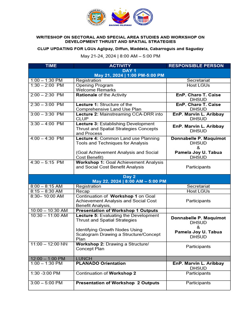 CLUP Writeshop 2024 DHSUD Proposed Program of Activities Rev | PDF