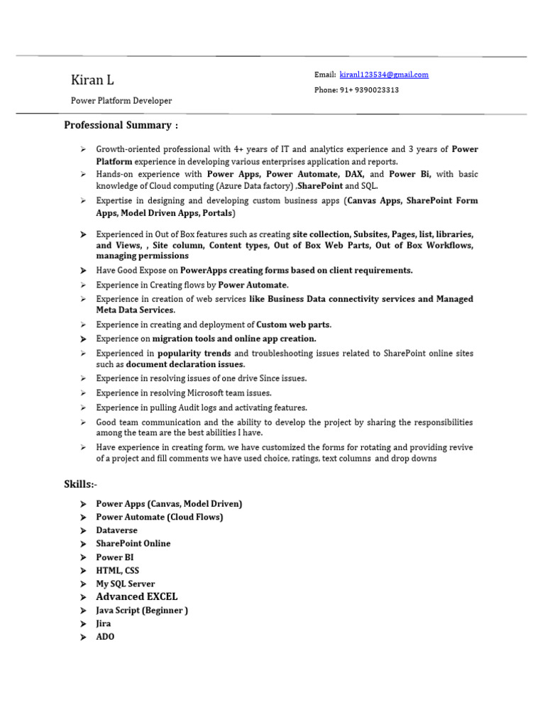 KiranL - Onward - Power Platform Developer | PDF | Share Point | Mobile App
